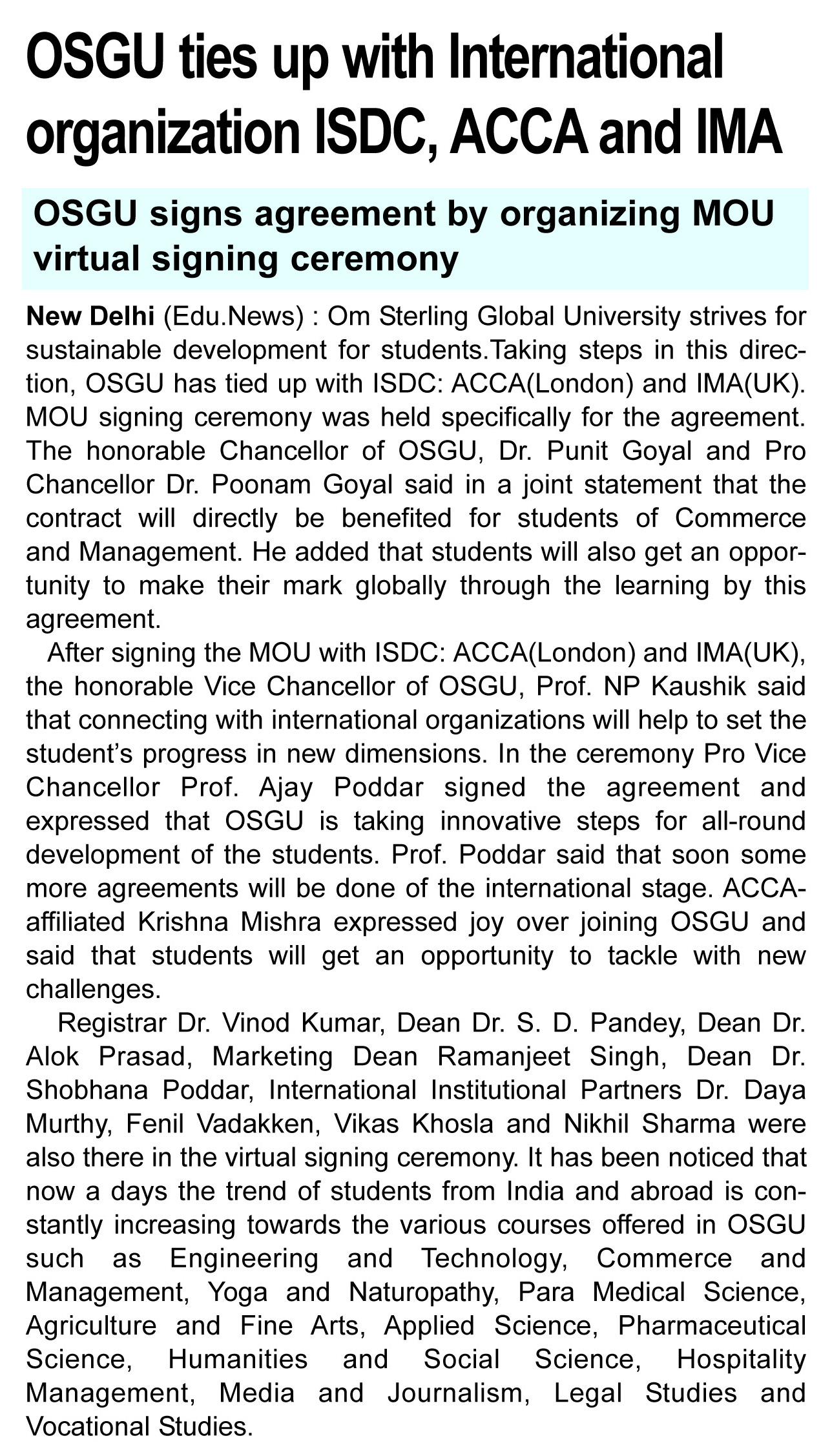 OSGU's Media & Press Coverage (Top University in Haryana) | Om University